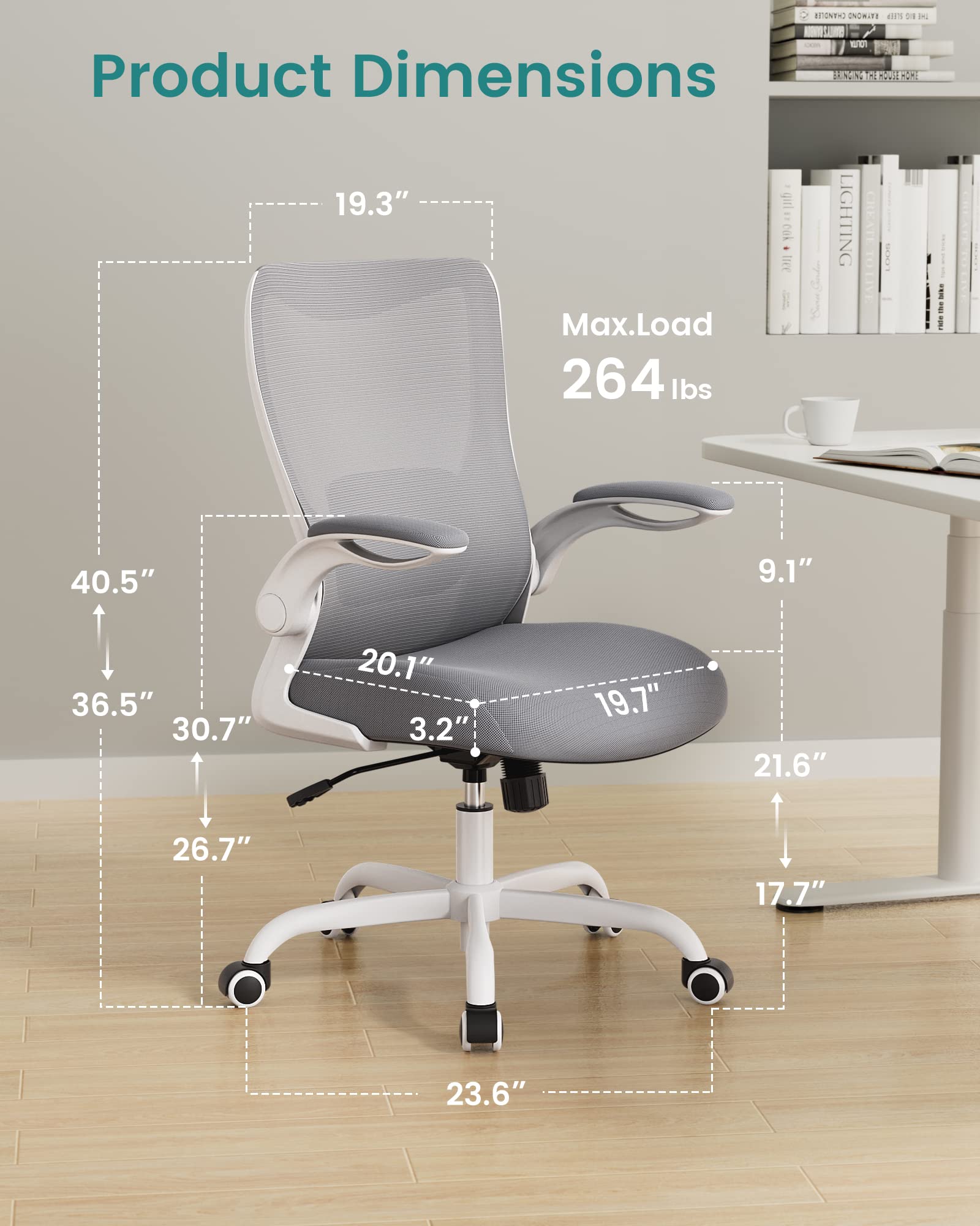 MUXX.STIL Office Chair, Ergonomic Desk Chair with Adjustable Lumbar Support and Flip up Armrest, Breathable Mesh Computer Chair for Home Office, Gray