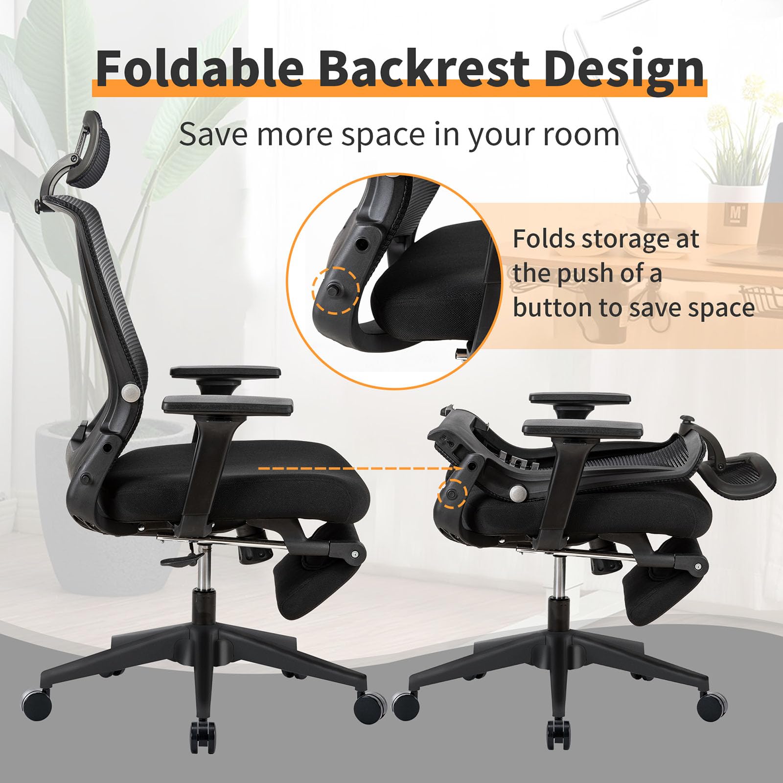 Foldable Ergonomic Office Chair with Footrest, High Back Computer Chair with 2D Headrest, Mesh Back, Sponge Seat, Adjustable Lumbar Support, 2D Armrest, Home Office Desk Chair, Black