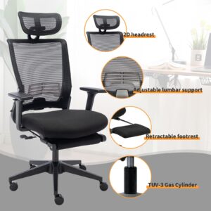 Foldable Ergonomic Office Chair with Footrest, High Back Computer Chair with 2D Headrest, Mesh Back, Sponge Seat, Adjustable Lumbar Support, 2D Armrest, Home Office Desk Chair, Black