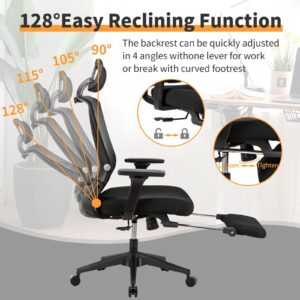 Foldable Ergonomic Office Chair with Footrest, High Back Computer Chair with 2D Headrest, Mesh Back, Sponge Seat, Adjustable Lumbar Support, 2D Armrest, Home Office Desk Chair, Black