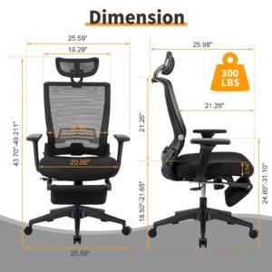 Foldable Ergonomic Office Chair with Footrest, High Back Computer Chair with 2D Headrest, Mesh Back, Sponge Seat, Adjustable Lumbar Support, 2D Armrest, Home Office Desk Chair, Black