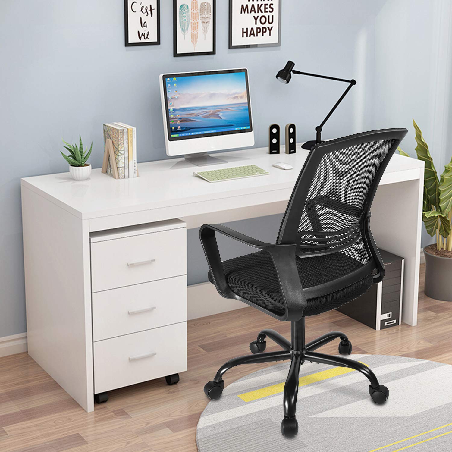 Office Chair, Mid Back Desk Chair, Ergonomic Home Office Desk Chairs, Mesh Computer Chair, Cute Swivel Rolling Task Chair with Lumbar Support and Armrests