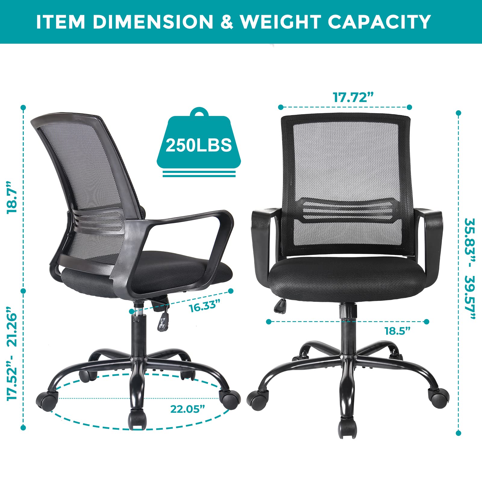 Office Chair, Mid Back Desk Chair, Ergonomic Home Office Desk Chairs, Mesh Computer Chair, Cute Swivel Rolling Task Chair with Lumbar Support and Armrests