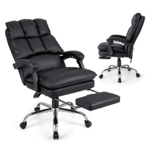 giantex ergonomic office chair with footrest, pu leather reclining chair with padded armrests & soft cushioned, executive office chair, adjustable swivel computer desk chair for home office, black