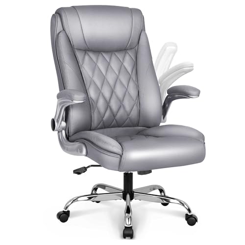 NEO CHAIR Office Chair Computer High Back Adjustable Flip-up Armrests Ergonomic Desk Chair Executive Diamond-Stitched PU Leather Swivel Task Chair with Armrests Lumbar Support (Grey)