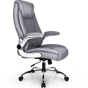 NEO CHAIR Office Chair Computer High Back Adjustable Flip-up Armrests Ergonomic Desk Chair Executive Diamond-Stitched PU Leather Swivel Task Chair with Armrests Lumbar Support (Grey)