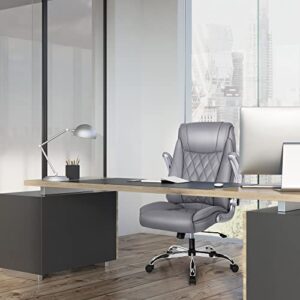 NEO CHAIR Office Chair Computer High Back Adjustable Flip-up Armrests Ergonomic Desk Chair Executive Diamond-Stitched PU Leather Swivel Task Chair with Armrests Lumbar Support (Grey)