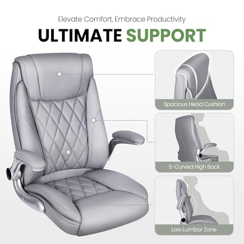 NEO CHAIR Office Chair Computer High Back Adjustable Flip-up Armrests Ergonomic Desk Chair Executive Diamond-Stitched PU Leather Swivel Task Chair with Armrests Lumbar Support (Grey)