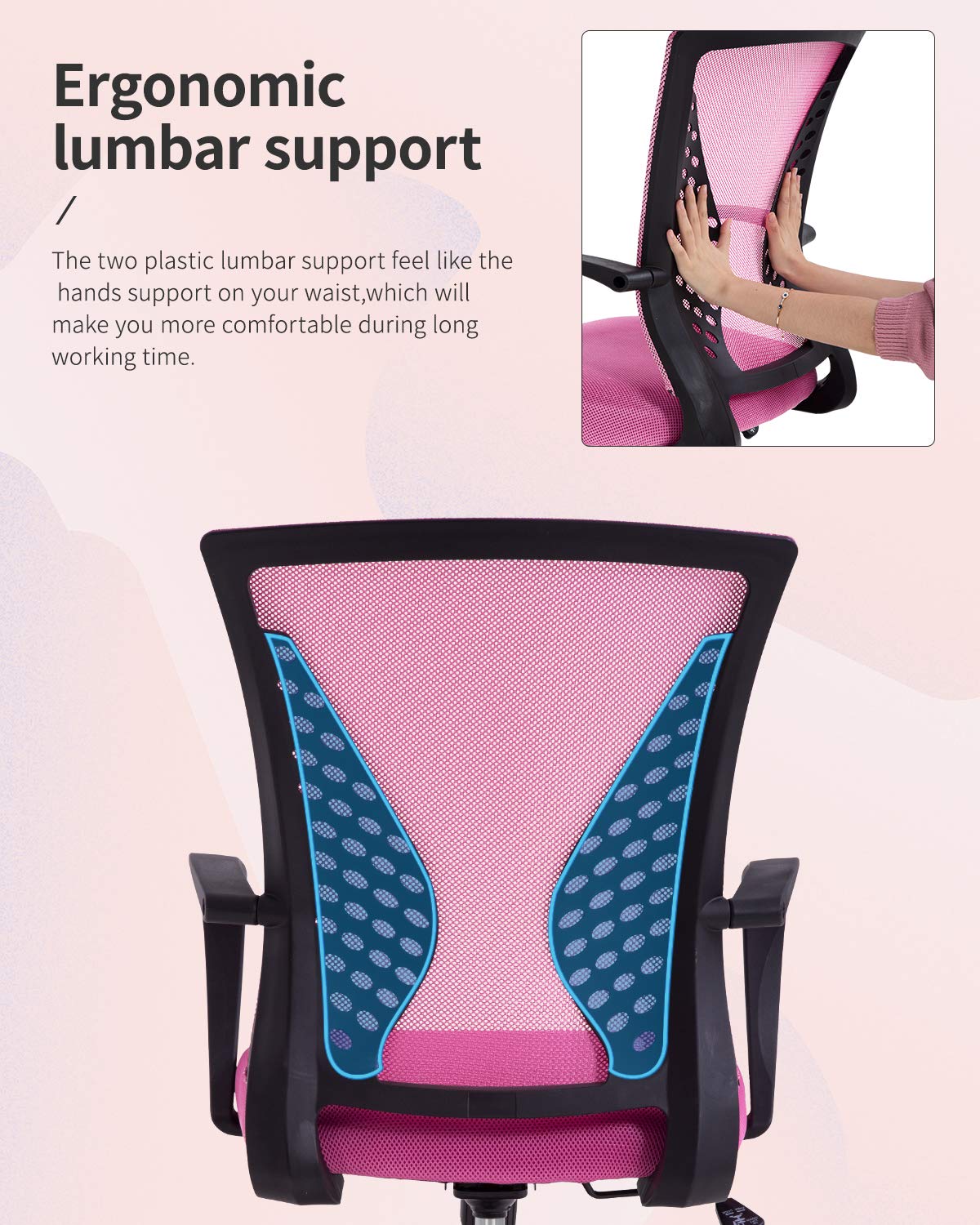 Home Office Chair Mid Back PC Swivel Lumbar Support Adjustable Desk Task Computer Ergonomic Comfortable Mesh Chair with Armrest (Pink)