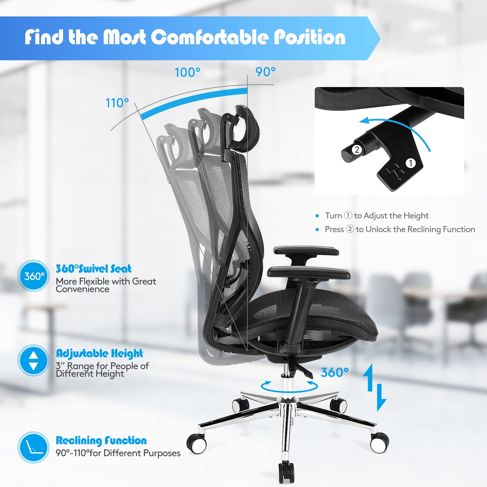 Giantex Ergonomic Office Chair, High-Back Mesh Executive Chair, with Adjustable Headrest, 3D Armrest, Lumbar Support, Reclining Backrest, Swivel Home Desk Chair, Computer Task Chair