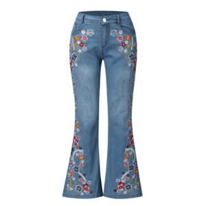 women's embroidery destoryed flare jeans button waist bell bottom summer casual trouser comfortable denim pants（light blue,xx-large）