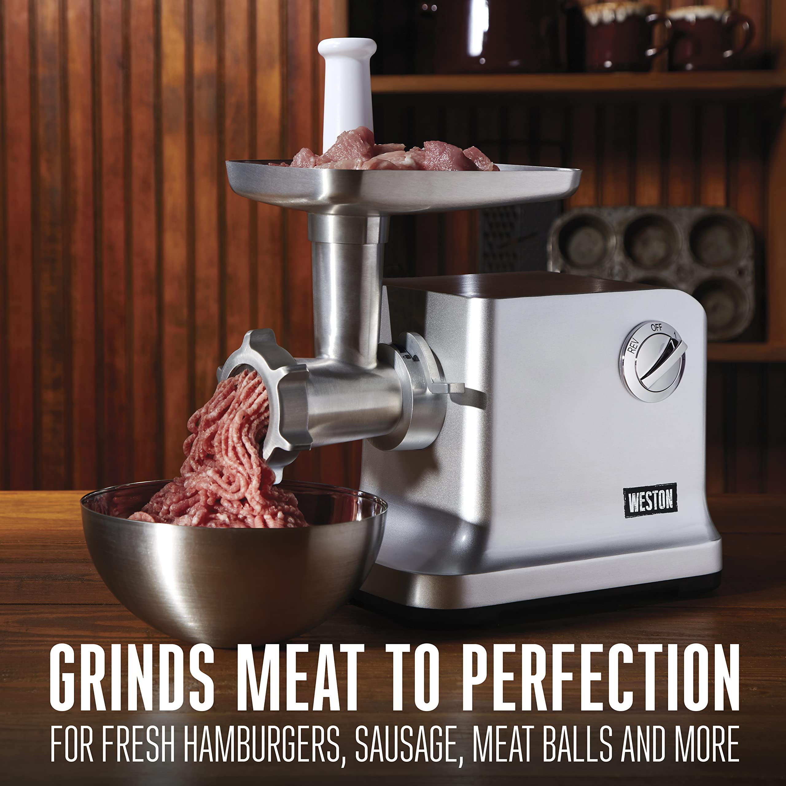 Weston Electric Meat Grinder & Sausage Stuffer, #12 750 Watt, 1 HP Motor, Grinds 4 lbs Per Minute, Silver (33-1301-W)