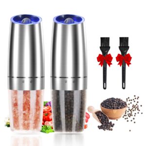 gravity electric salt and pepper grinder set of 2, adjustable coarseness, automatic mill grinder, battery powered with blue led light, one hand operated (sliver 2 pack)