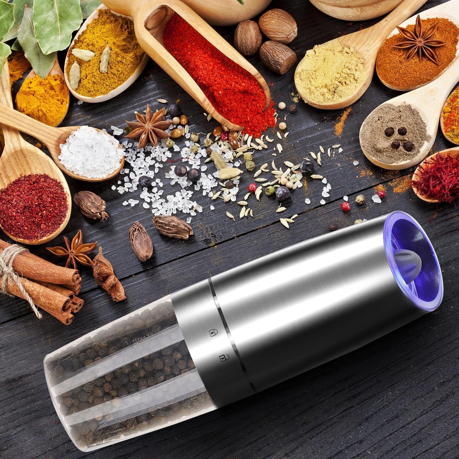 Gravity Electric Salt and Pepper Grinder Set of 2, Adjustable Coarseness, Automatic Mill Grinder, Battery Powered with Blue LED Light, One Hand Operated (Sliver 2 Pack)