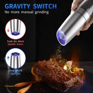 Gravity Electric Salt and Pepper Grinder Set of 2, Adjustable Coarseness, Automatic Mill Grinder, Battery Powered with Blue LED Light, One Hand Operated (Sliver 2 Pack)