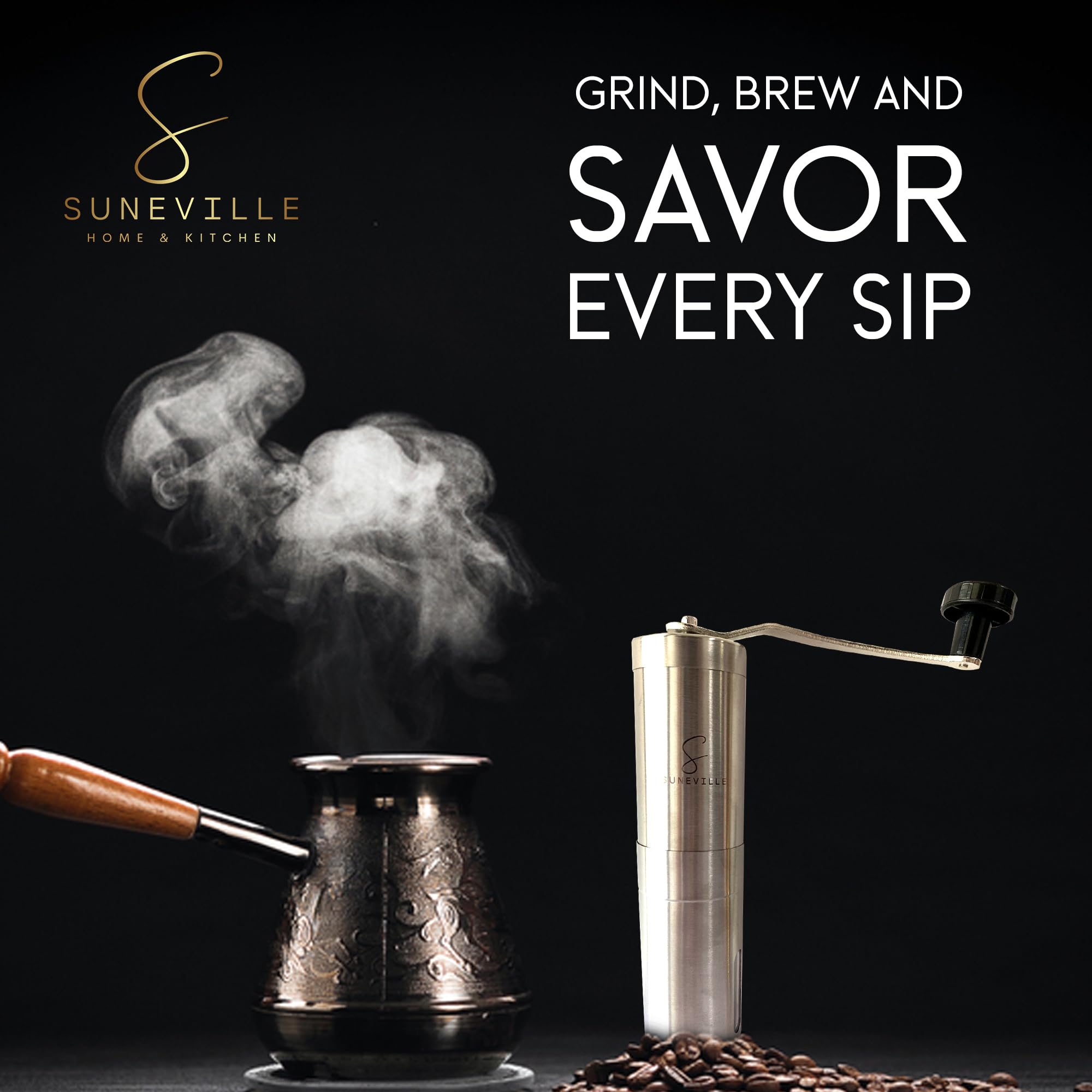 Suneville Manual Stainless Steel Coffee Grinder & Coffee Maker Accessories - Fine to Coarse Grinding Settings - Espresso Tools with Portable Hand Coffee Grinder, Golden Clipper Spoon & Black Brush