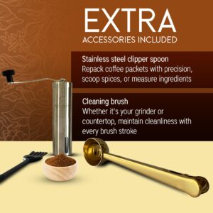 Suneville Manual Stainless Steel Coffee Grinder & Coffee Maker Accessories - Fine to Coarse Grinding Settings - Espresso Tools with Portable Hand Coffee Grinder, Golden Clipper Spoon & Black Brush