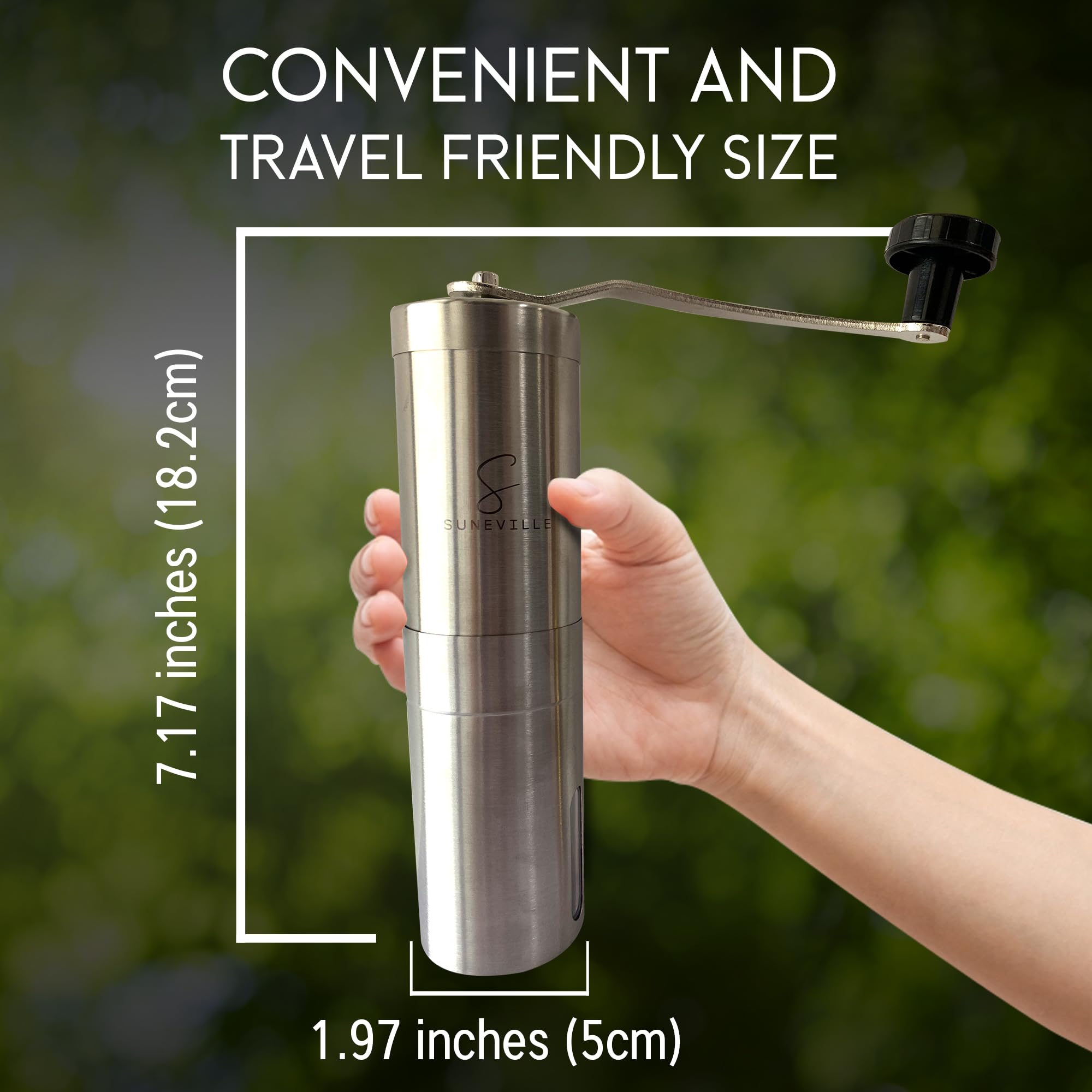 Suneville Manual Stainless Steel Coffee Grinder & Coffee Maker Accessories - Fine to Coarse Grinding Settings - Espresso Tools with Portable Hand Coffee Grinder, Golden Clipper Spoon & Black Brush