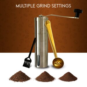 Suneville Manual Stainless Steel Coffee Grinder & Coffee Maker Accessories - Fine to Coarse Grinding Settings - Espresso Tools with Portable Hand Coffee Grinder, Golden Clipper Spoon & Black Brush