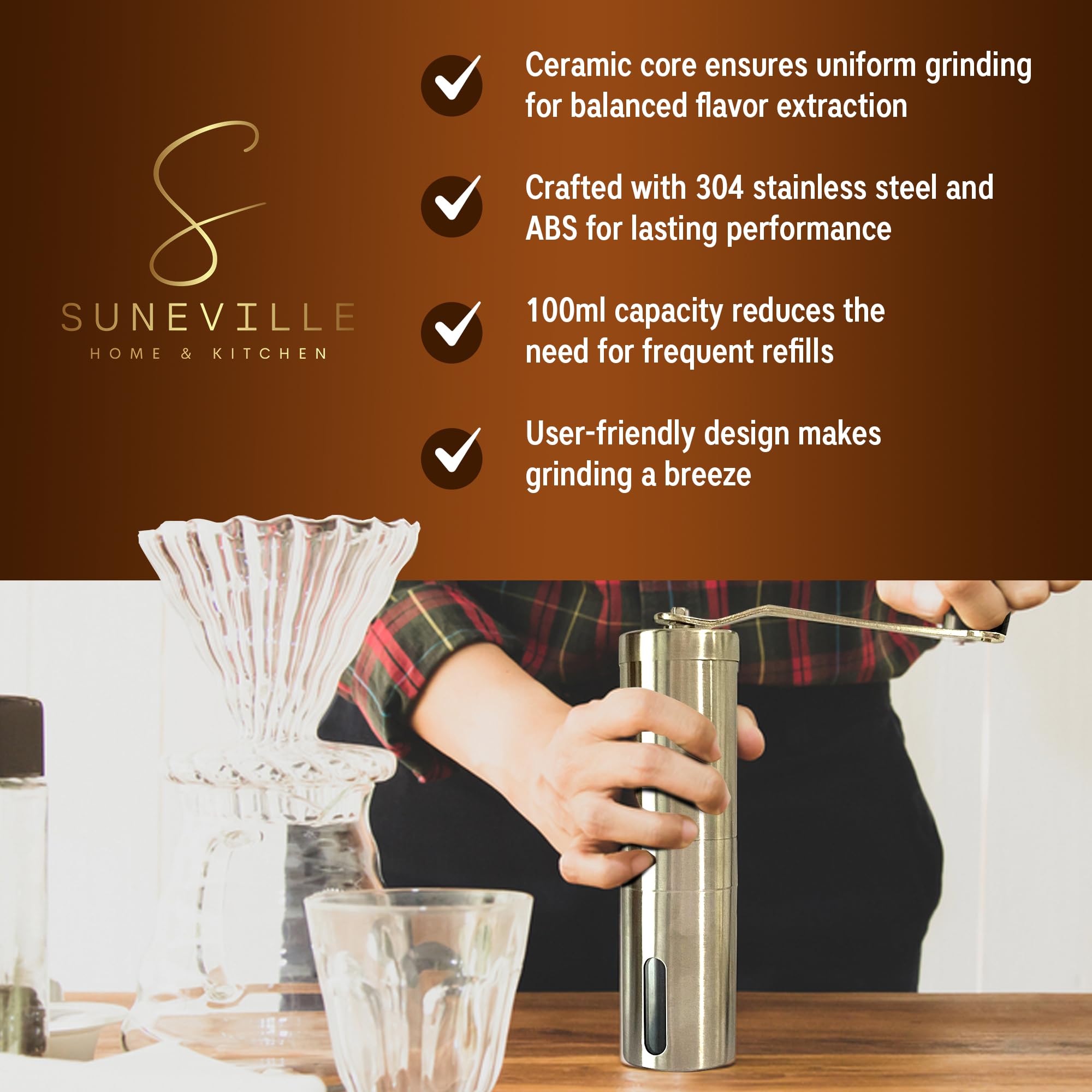 Suneville Manual Stainless Steel Coffee Grinder & Coffee Maker Accessories - Fine to Coarse Grinding Settings - Espresso Tools with Portable Hand Coffee Grinder, Golden Clipper Spoon & Black Brush