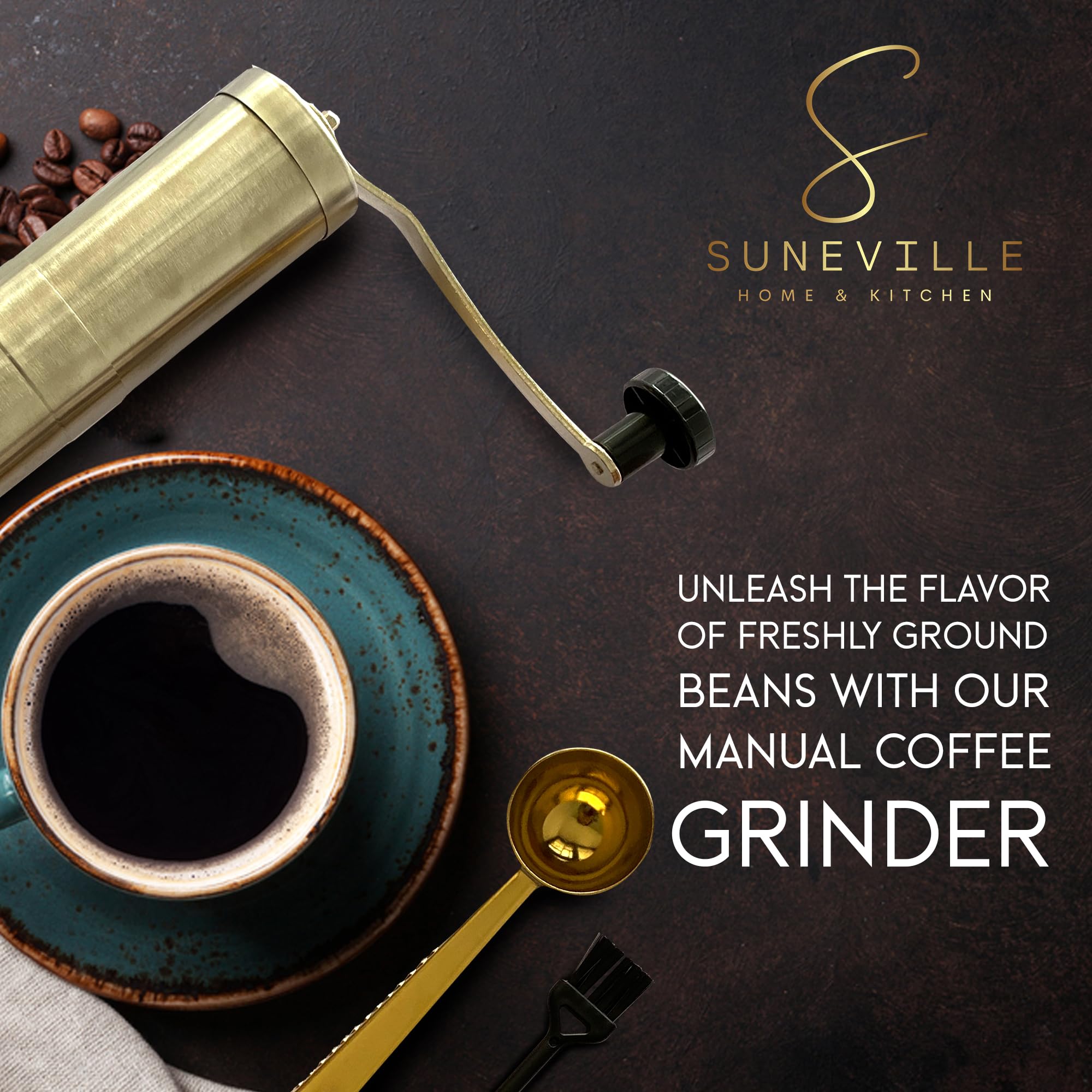 Suneville Manual Stainless Steel Coffee Grinder & Coffee Maker Accessories - Fine to Coarse Grinding Settings - Espresso Tools with Portable Hand Coffee Grinder, Golden Clipper Spoon & Black Brush