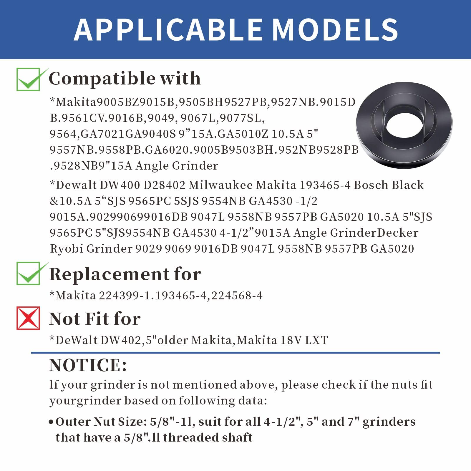 7PCS Angle Grinder Nut Angle Grinder Wrench Kit 5/8-11 Flange Metal Lock Nut for Compatible with Dewalt Milwaukee Makita193465-4 Metabo Bosch Ryobi Black Decker 4.5" 5" Grinder Parts