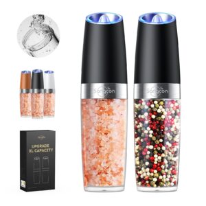 sangcon gravity electric salt and pepper grinder set shakers upgraded 9oz xl capacity battery powered refillable automatic one hand operation adjustable coarseness mill grinder set for kitchen