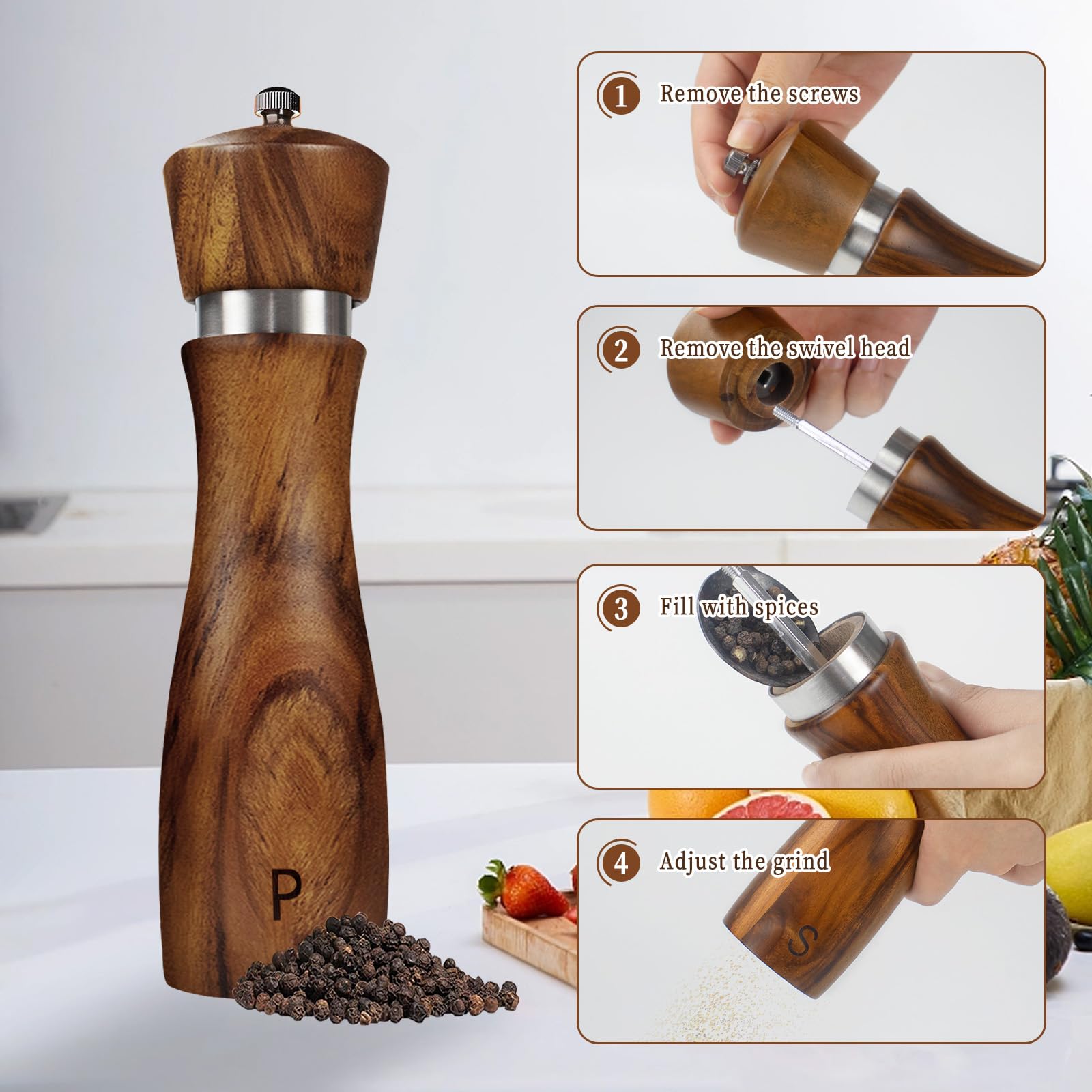 2 Pack Salt and Pepper Grinder Set, Acacia Wood Salt Mill Pepper Grinder with Ceramic/Stainless Steel Core, Modern and Elegant Wooden Salt and Pepper Set