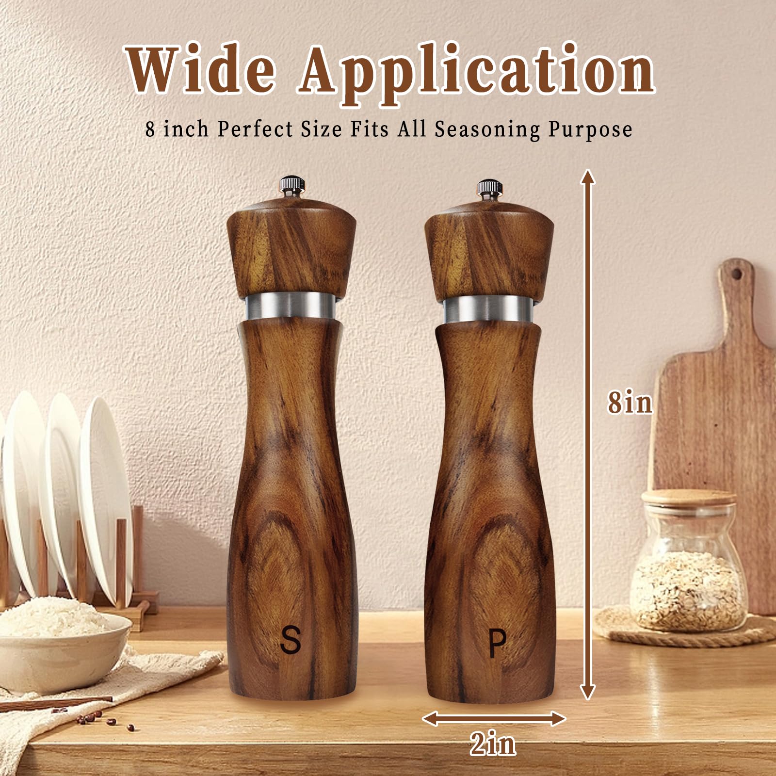 2 Pack Salt and Pepper Grinder Set, Acacia Wood Salt Mill Pepper Grinder with Ceramic/Stainless Steel Core, Modern and Elegant Wooden Salt and Pepper Set