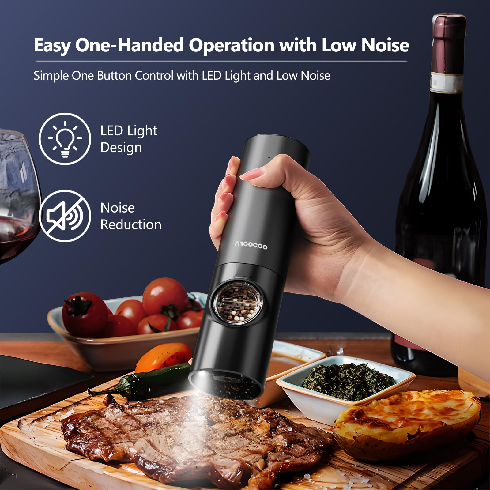 Moocoo Upgraded Electric Salt and Pepper Grinder Set with Fast Rechargeable Base & LED Light, Large Capacity, Adjustable Coarseness, Automatic One Hand Operated Salt Pepper Mill Grinder Refillable