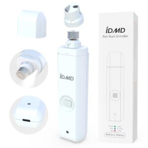 idmd dog nail trimmers-powerful 2-speed dog nail grinder-with safe led lighting and battery capacity indicator light & type-c usb rechargeable quiet pet nail grinder clipper for dogs/cats(white)