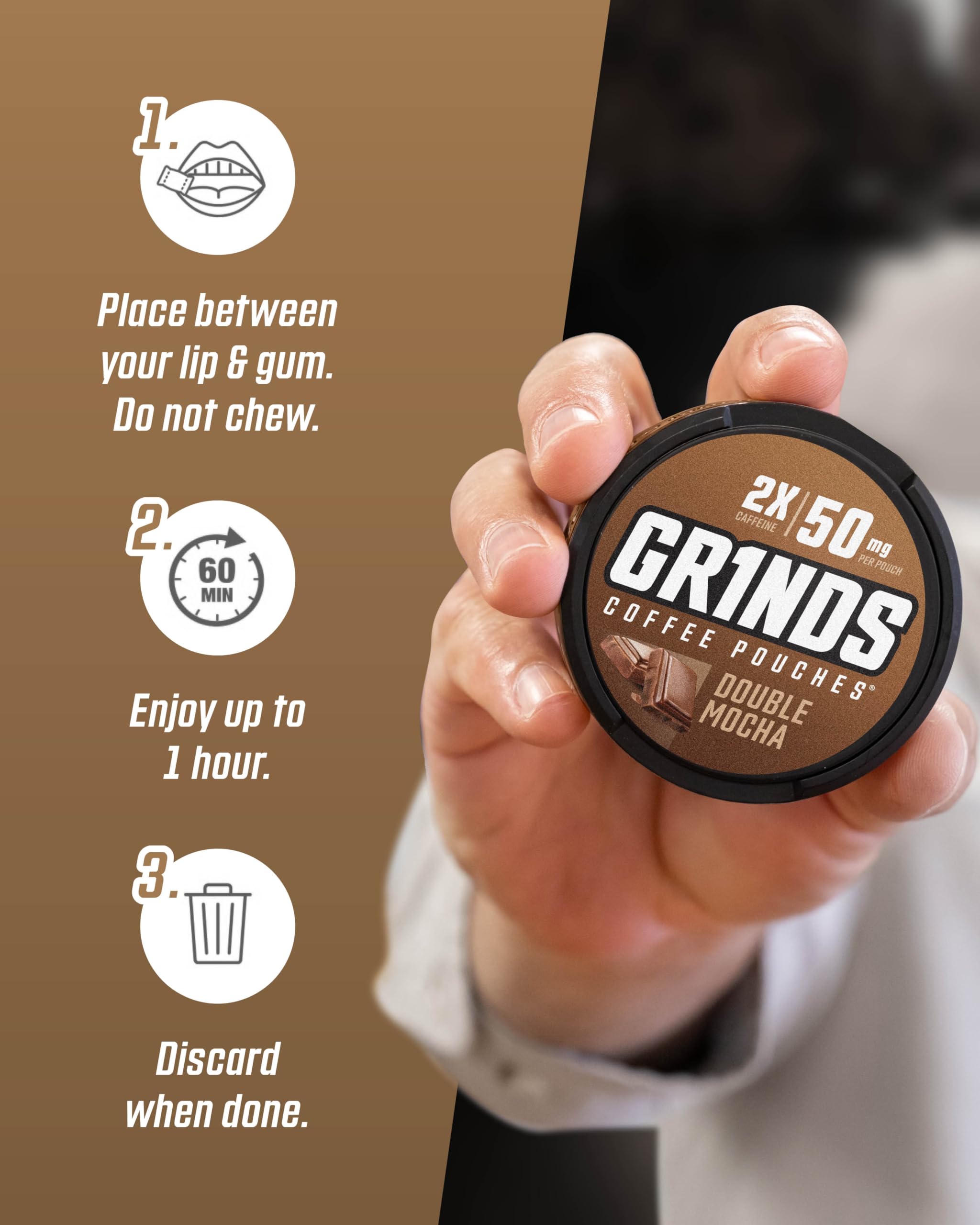 Grinds Coffee Pouches | 3 Cans of Double Mocha | 18 Pouches Per Can | 1 Pouch eq. 1/4 Cup of Coffee (Double Mocha)