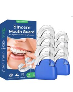 sincere moldable mouth guard for teeth grinding & clenching at night, dental night guard, bite guard for teeth clenching nighttime, teeth protection for sleep, 2 sizes, pack of 8 with 2 travel cases