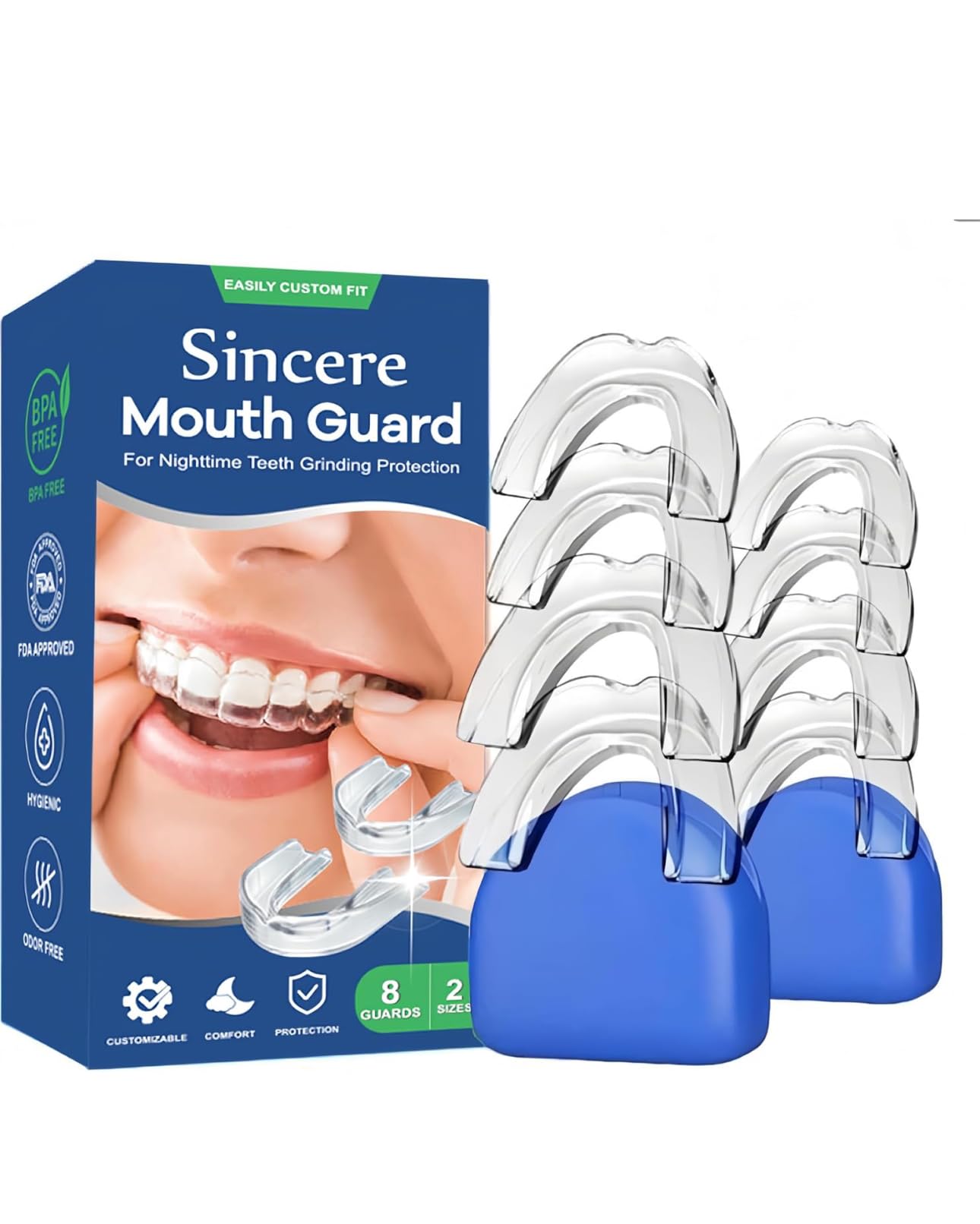 Sincere Moldable Mouth Guard for Teeth grinding & clenching at Night, Dental Night Guard, Bite Guard for Teeth Clenching Nighttime, Teeth protection for Sleep, 2 Sizes, Pack of 8 with 2 Travel Cases