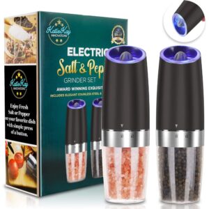 electric gravity salt and pepper grinder set of 2, automatic salt and pepper mill grinder, adjustable roughness, battery powered, blue led light, stainless steel with one hand operation (black)