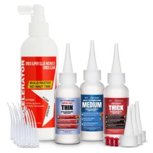 starbond 2 oz. thin, medium, thick ca glue with 8 oz. activator bundle (premium cyanoacrylate super glue) for quick glue-ups. woodworking, woodturning, hobby models, 3d printing