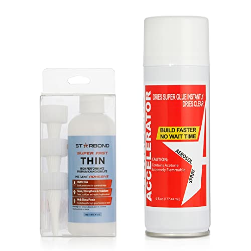 Starbond Super Fast Thin CA Glue (4oz) and Aerosol Accelerator (6oz) Bundle - Water-Thin CA Glue with Activator Bundle (for Woodturning, Pen Turning, Hobby, Stabilizing, Finish, Inlay)