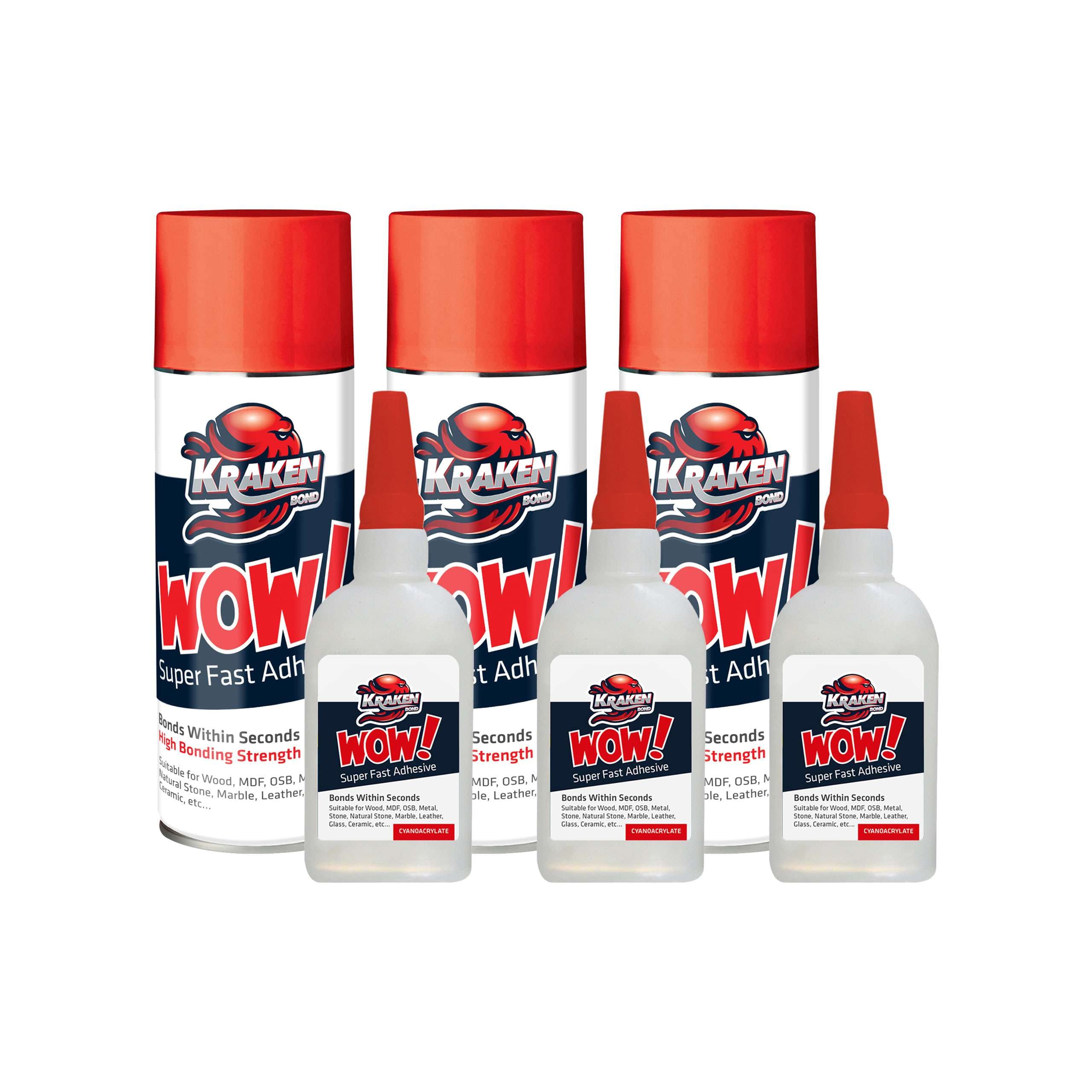 Kraken Bond Wow! CA Glue (3x1.75 oz.) with Spray Adhesive Activator (3x6.75 fl oz.) - Cyanoacrylate Glue, CA Glue with Activator, CA Glue for Woodworking, Crazy Glue, Craft Glue, Fast CA Glue, 3 Pack