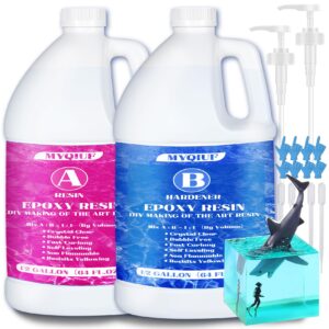 myqiuf epoxy resin kit, 1 gallon/128oz epoxy resin crystal clear not yellowing no bubble self leveling for diy molds wood jewelry table tops bar top casting coating crafts supplies easy mix 1:1 ratio