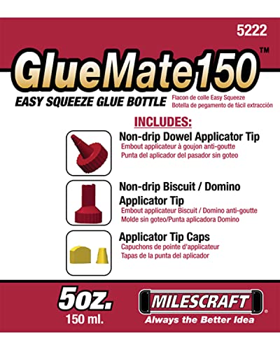 Milescraft 5222 Glue Mate 150-5oz. (150ml) Precision Wood Glue Bottle - Anti-Drip - Dowel and Biscuit Tips Included - Easy Flow Multi-Chamber Design - Ideal for Woodworking