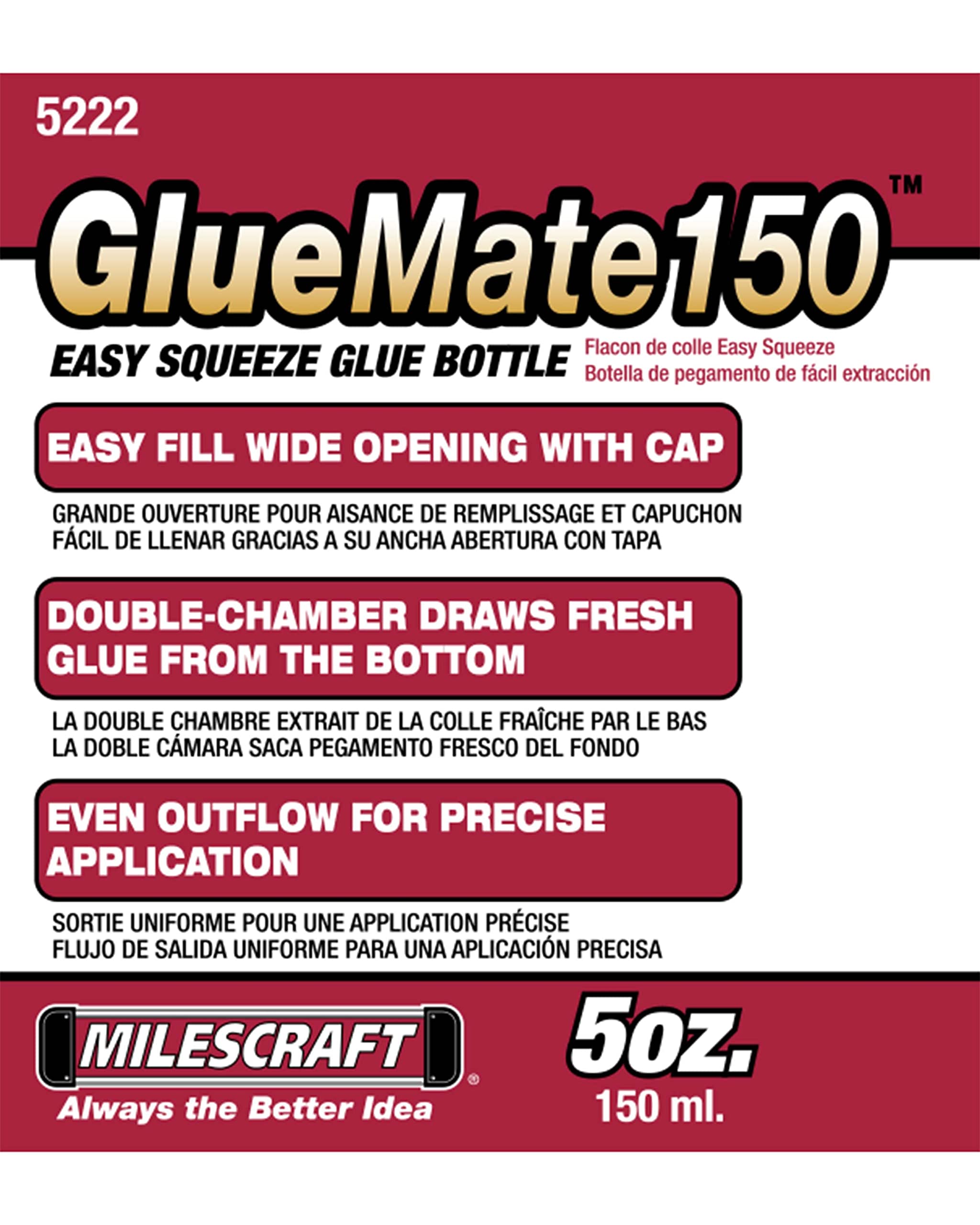 Milescraft 5222 Glue Mate 150-5oz. (150ml) Precision Wood Glue Bottle - Anti-Drip - Dowel and Biscuit Tips Included - Easy Flow Multi-Chamber Design - Ideal for Woodworking