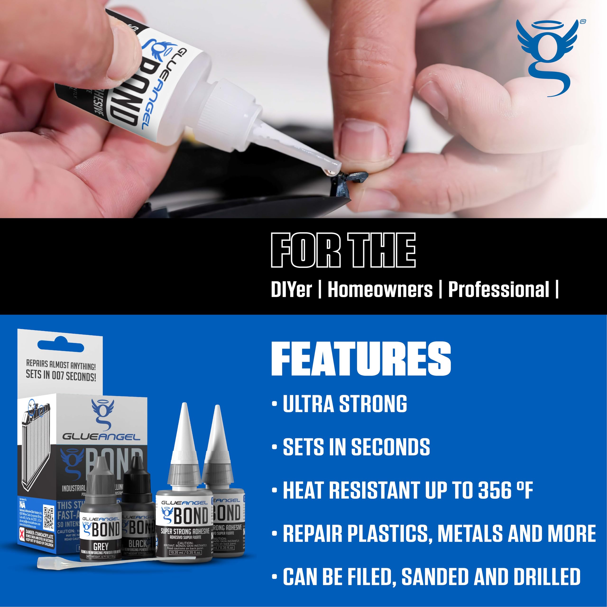 GlueAngel Heavy Duty Super Glue Kit for Hard Plastics and Metal. includes Black and Gray Gap Filling/Reinforcing Powders and CA Glue Nozzle Extender