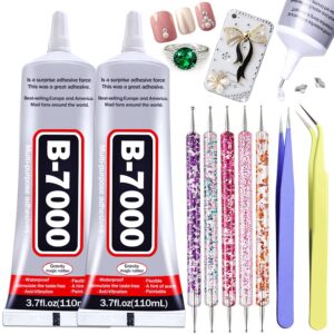 2pcs x 110ml b7000 rhinestone glue clear, upgrade b7000 glue multi-function adhesive jewelry glue for jewelry repair, metal stone crafts, fabric, shoes, wood glass bead with dotting pens and tweezers