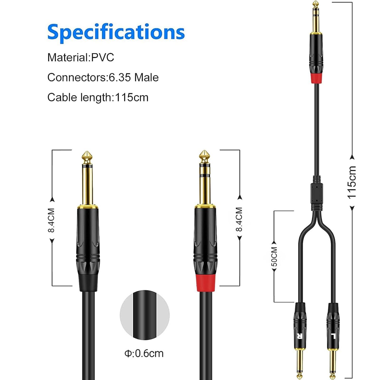 1/4 inch TRS Stereo Y Splitter Insert Cable, Gold Plated Audiowave Series 6.35mm 1/4 inch TRS Male to Dual 6.35mm 1/4 inch TS Male Mono Breakout Cable, Audio Cord (6.6FT / 1PACK)