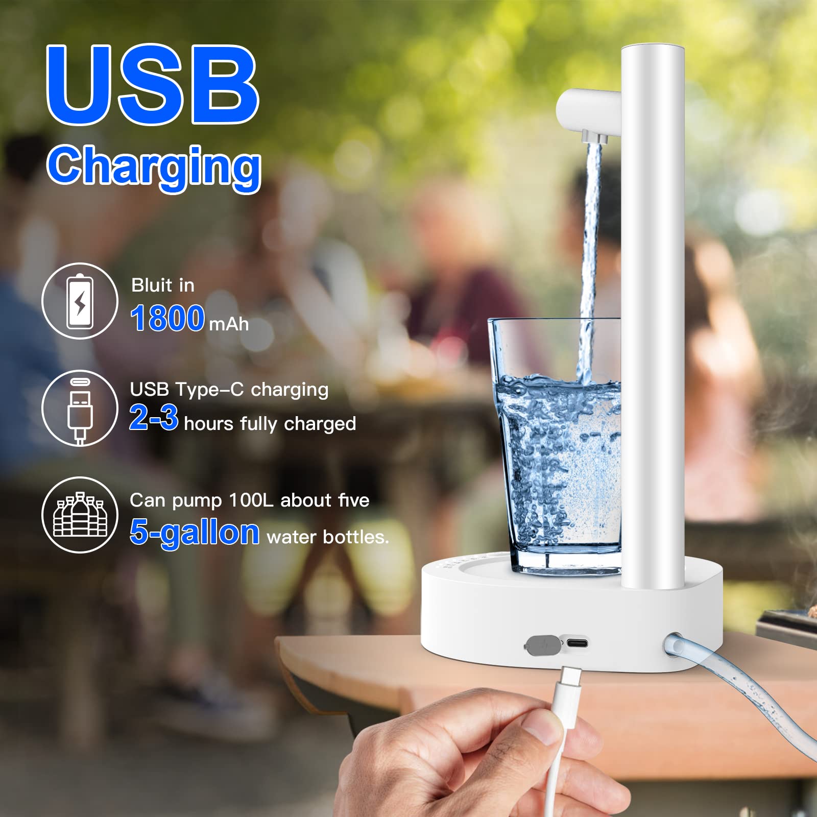 Desktop Water Dispenser, Yimidear Portable Electric Water Pump for 5 Gallon & Universal Bottles, Intelligent USB Charging Water Bottle Dispenser for Home, Office, Outdoor (White)