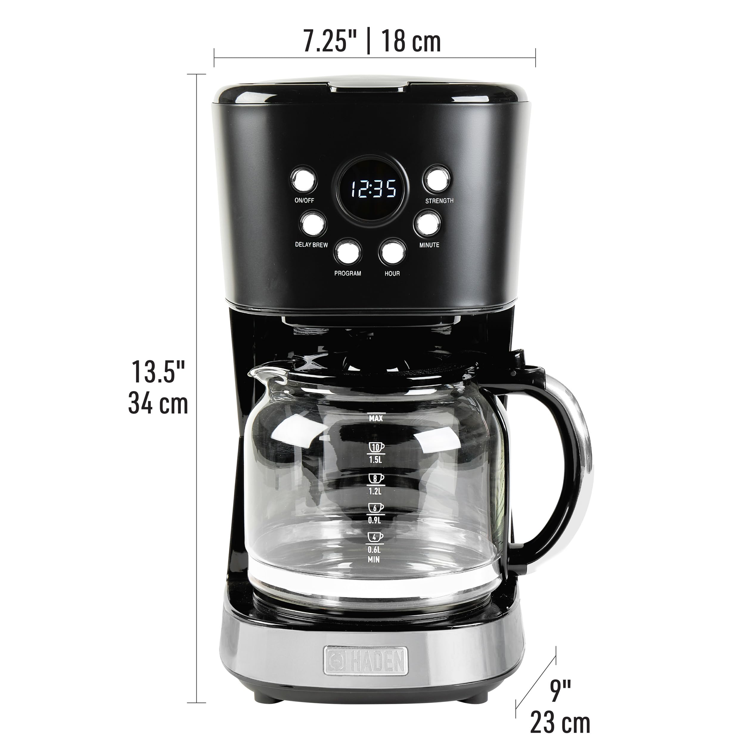 Haden Heritage Innovative 12 Cup Capacity Programmable Vintage Retro Style Home Countertop Coffee Maker Machine with Glass Carafe, Black/Chrome