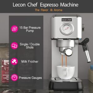 lecon chef Espresso Machine 15 Bar Coffee Machine With Steam Milk Frother Stainless Steel Coffee Maker 34oz Water Tank 1350W for Latte, Cappuccino