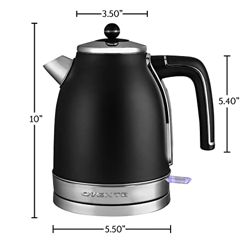 OVENTE Electric Stainless Steel Hot Water Kettle 1.7 Liter Victoria Collection, 1500 Watt Power Tea Maker Boiler with Auto Shut-Off Boil Dry Protection Removable Filter and Water Gauge, Black KS777B