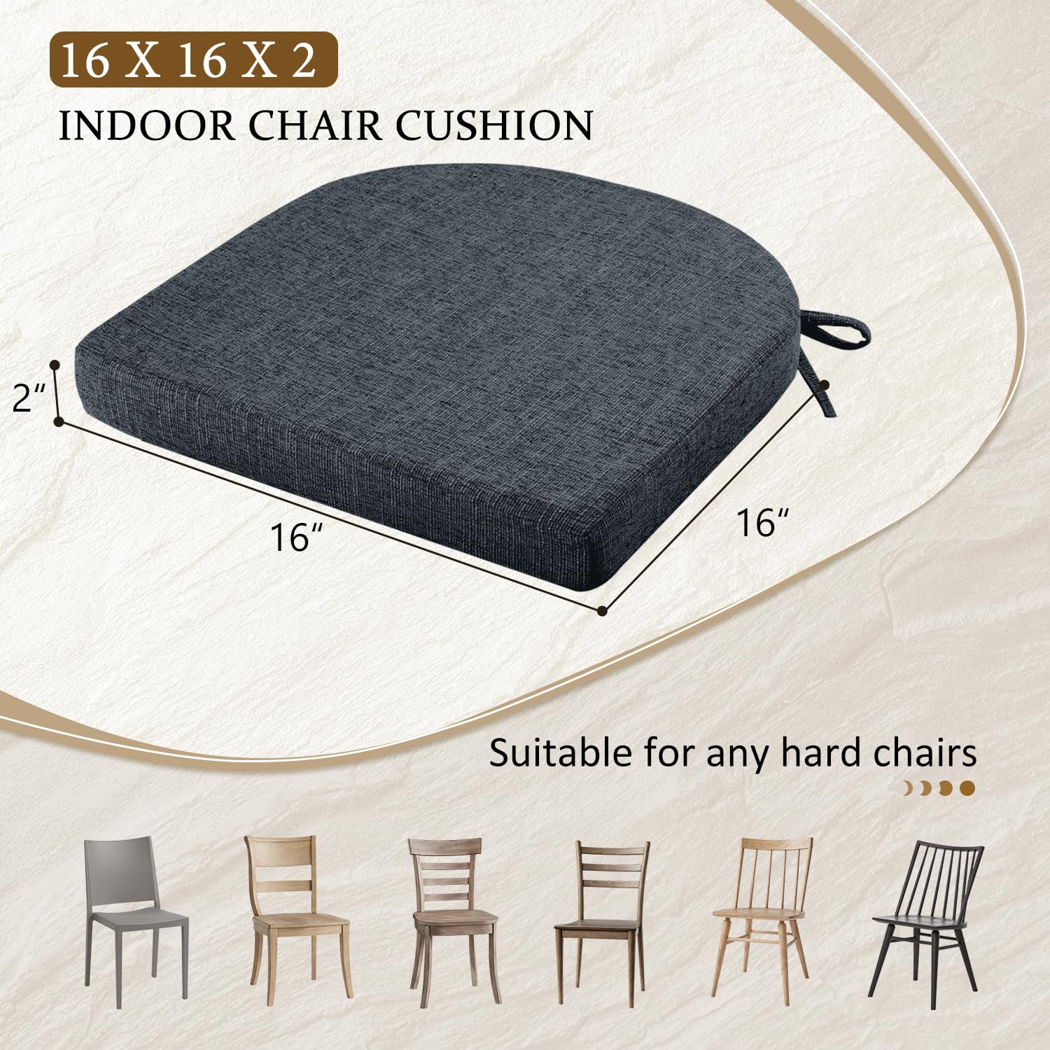 LOVTEX Chair Cushions for Dining Chairs 6 Pack - Memory Foam Chair Pads with Ties and Non-Slip Backing - Seat Cushion for Kitchen Chair 16x16x2, Navy