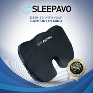 Sleepavo Soft Memory Foam Seat Cushion for Office Chair - Pillow for Sciatica, Coccyx, Back, Tailbone and Lower Back Pain Relief - Orthopedic Chair Pad for Lumbar Support in Office Desk, Car, Airplane